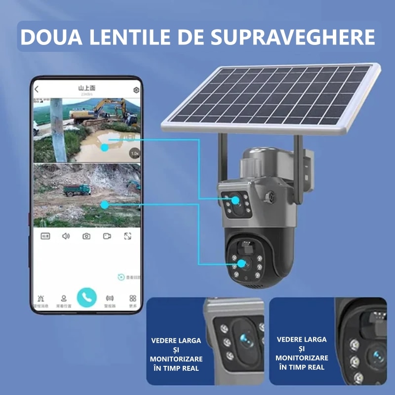 Camera Video de Supraveghere 4K - Cartela SIM 4G - Doua Lentile, Panou ...