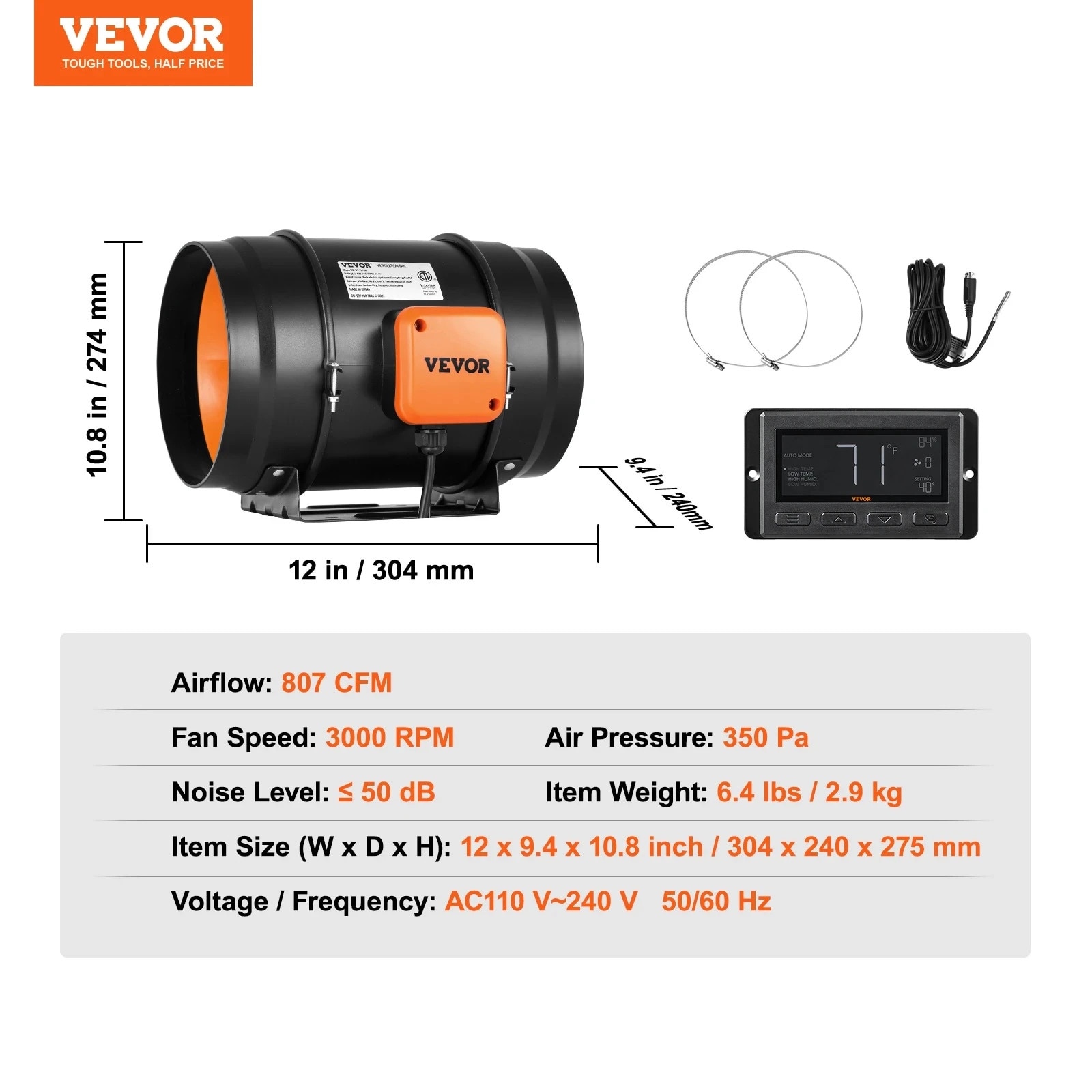 Ventilator ductat, VEVOR, 807 CFM, operare silentioasa, motor eficient ...