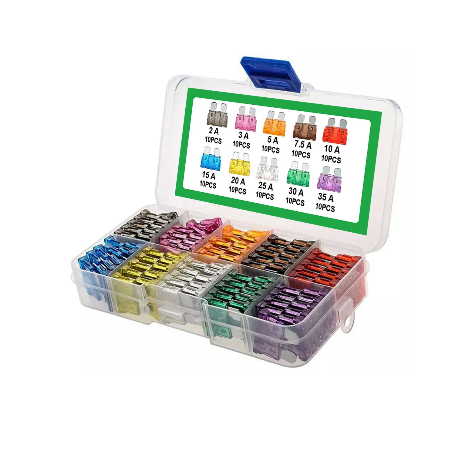 Set de sigurante auto, 100 piese, 3A, 5A, 7.5A, 2x10A, 15A, 2x20A, 25A ...