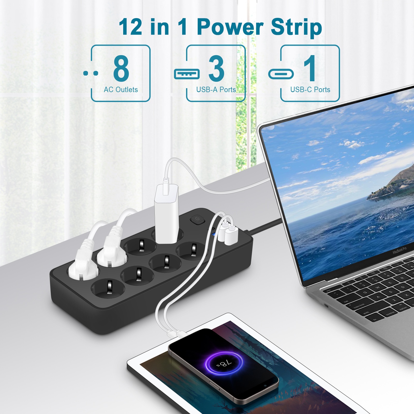 Prelungitor inteligent, MOSMAOO®, 8 prize, 3 Porturi USB, 1Port USB-C ...