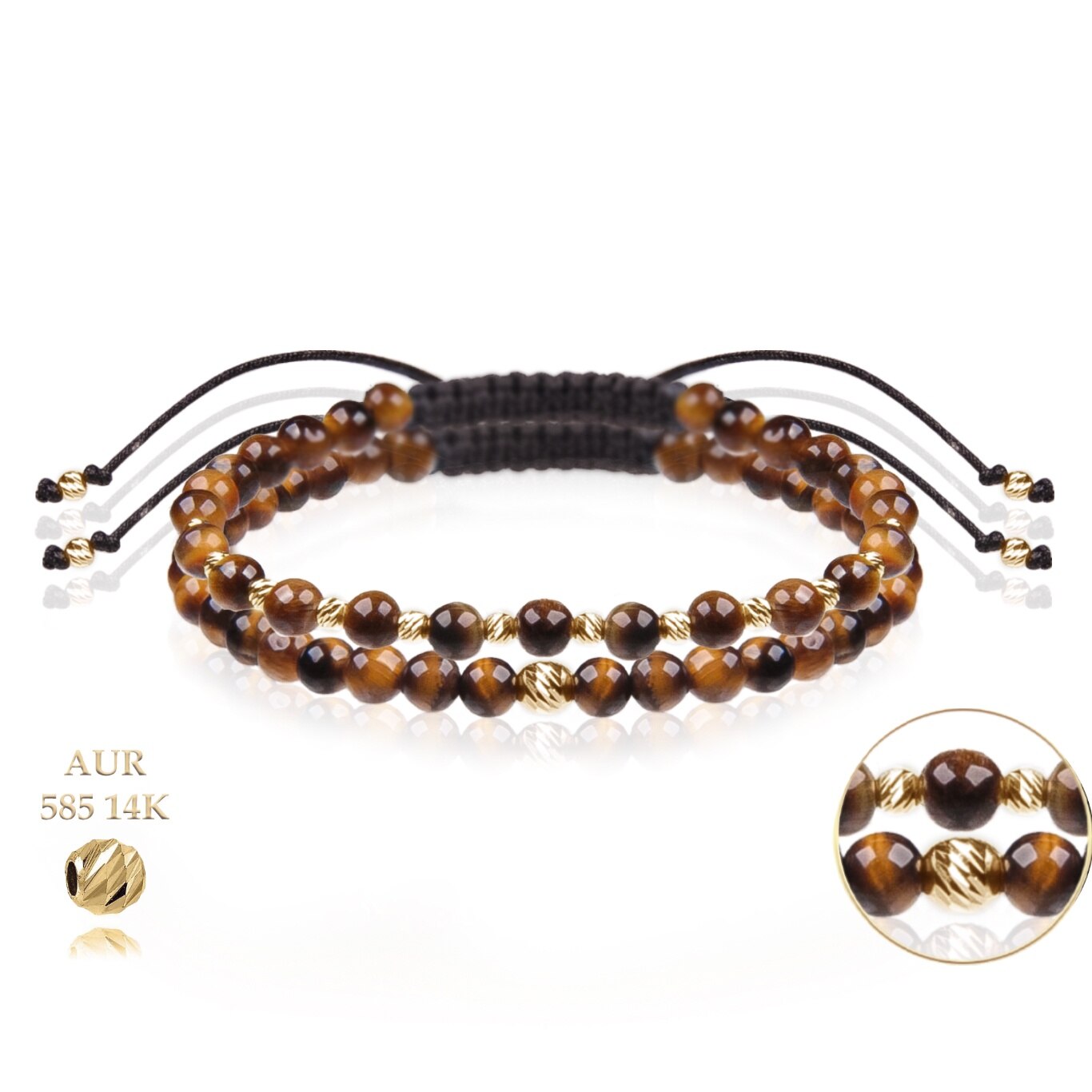Set 2 bratari cu bile de Aur 14k, cristale semipretioase Ochi de tigru ...