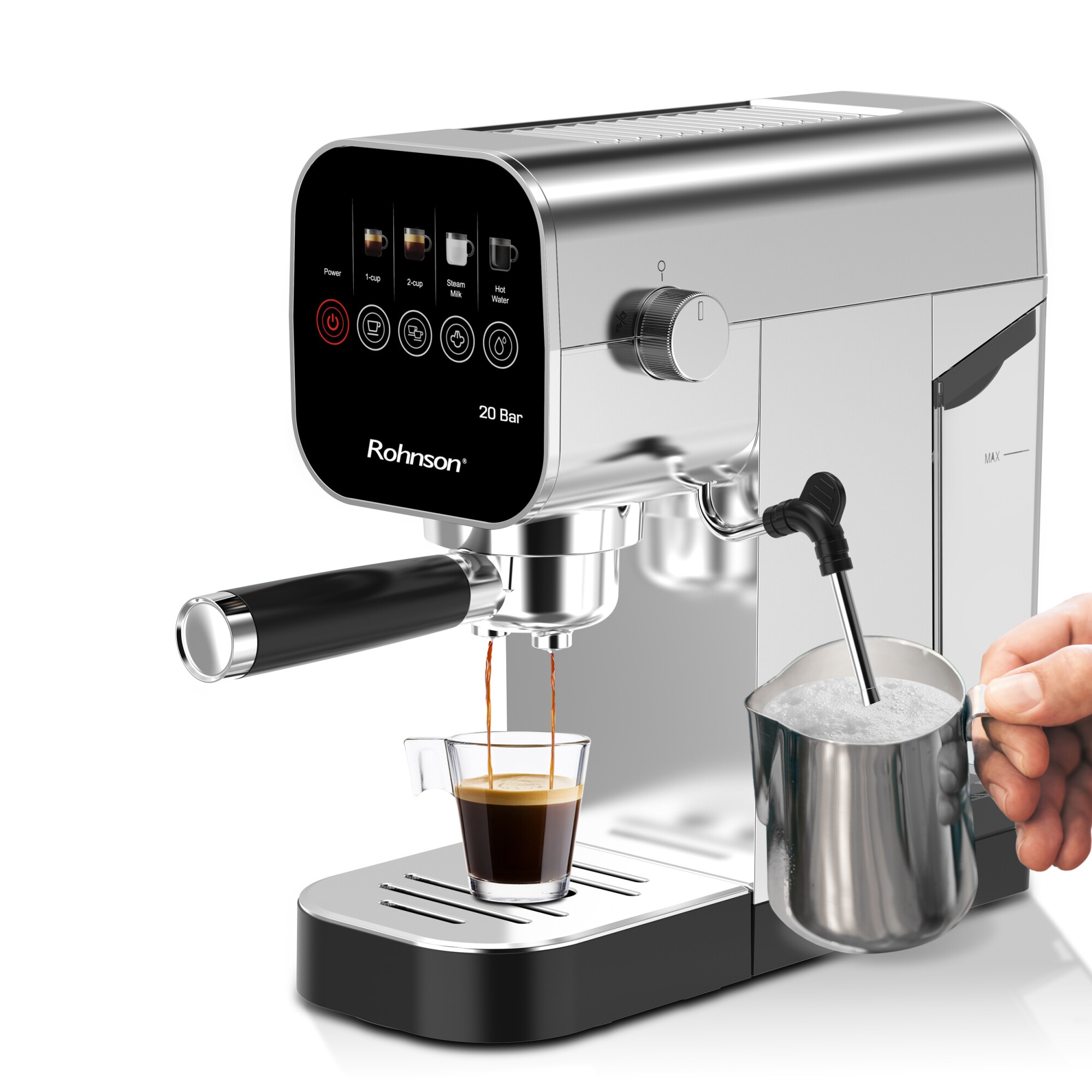 Espressor manual slim, Rohnson R98100, 20 bari, 1.360W, 0, 9 L, 70dB ...