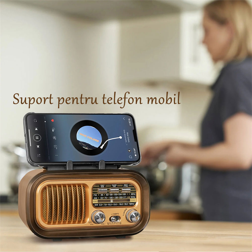 Radio portabil retro, RASK, AM/FM/SW, Bluetooth, USB/TF, cu Incarcare ...