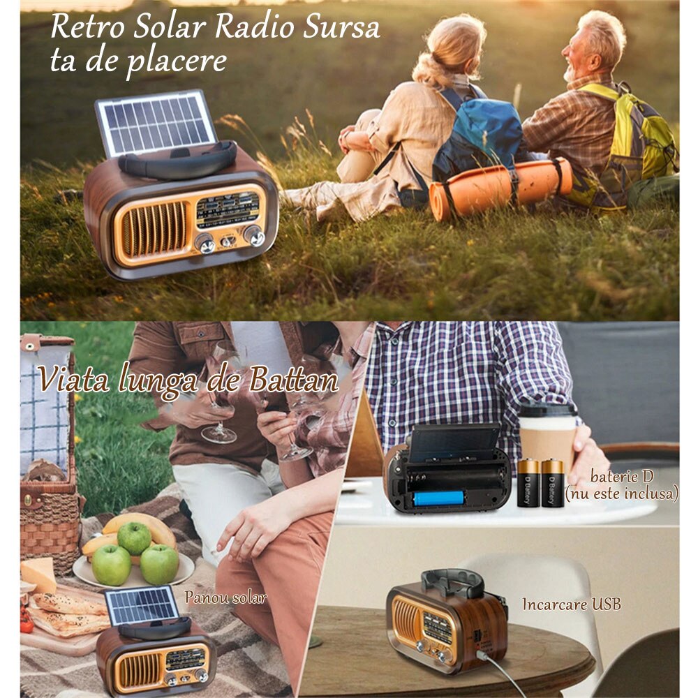 Radio portabil retro, RASK, AM/FM/SW, Bluetooth, USB/TF, cu Incarcare ...
