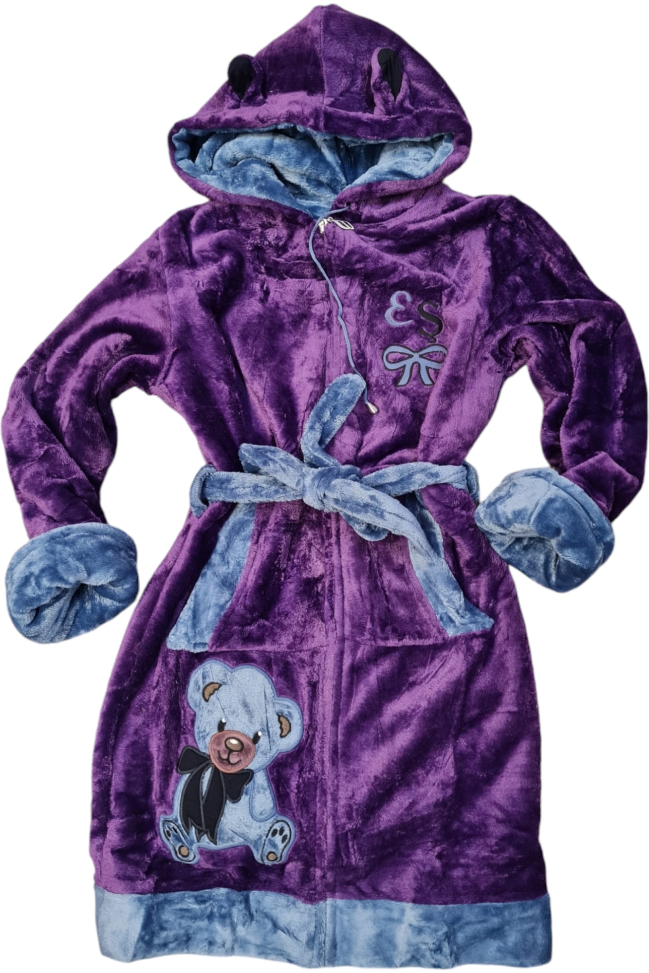 Halat dama din catifea Premium, cu gluga si fermoar, imprimeu ursulet ...