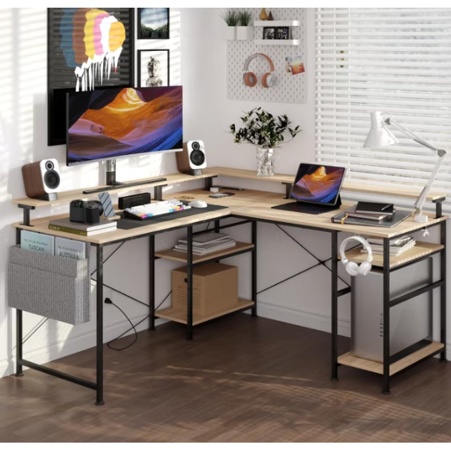 Birou pentru calculator, 140x140x85CM, in forma de L, design cu lumina ...