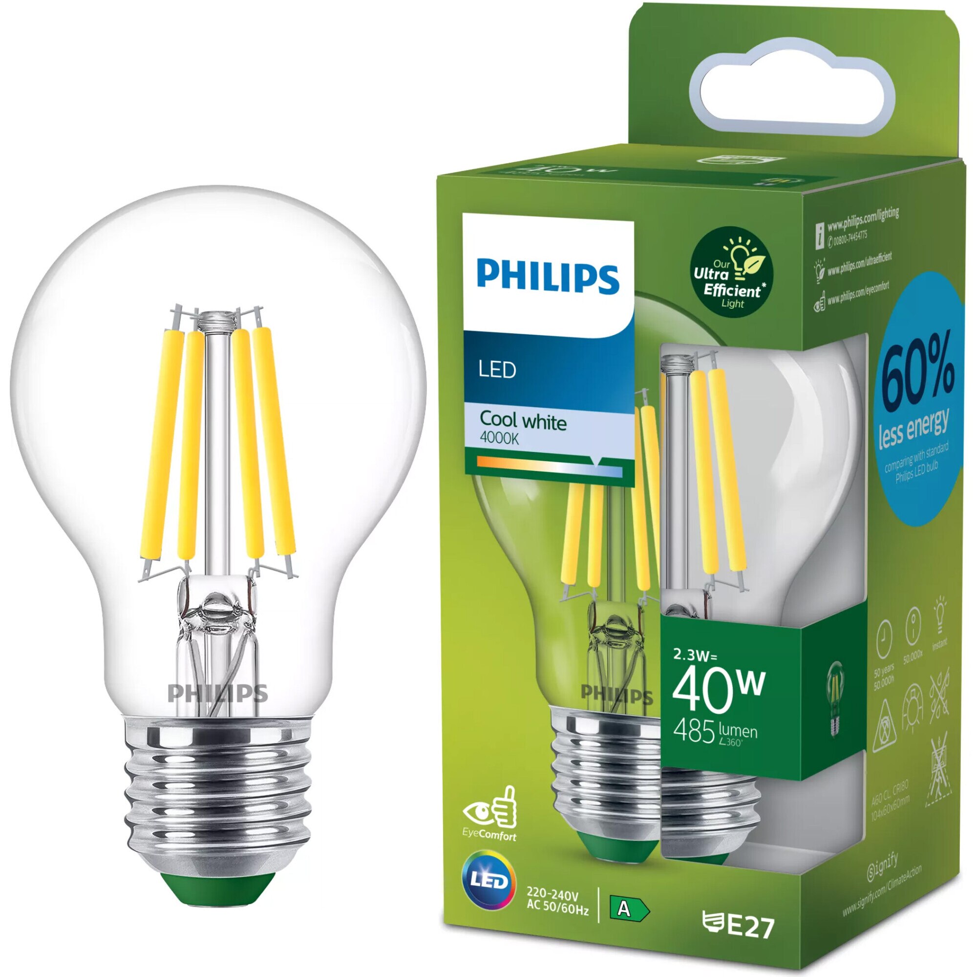 Bec LED filament Philips Ultra Efficient, A60, E27, 2.3W (40W), 485 lm ...