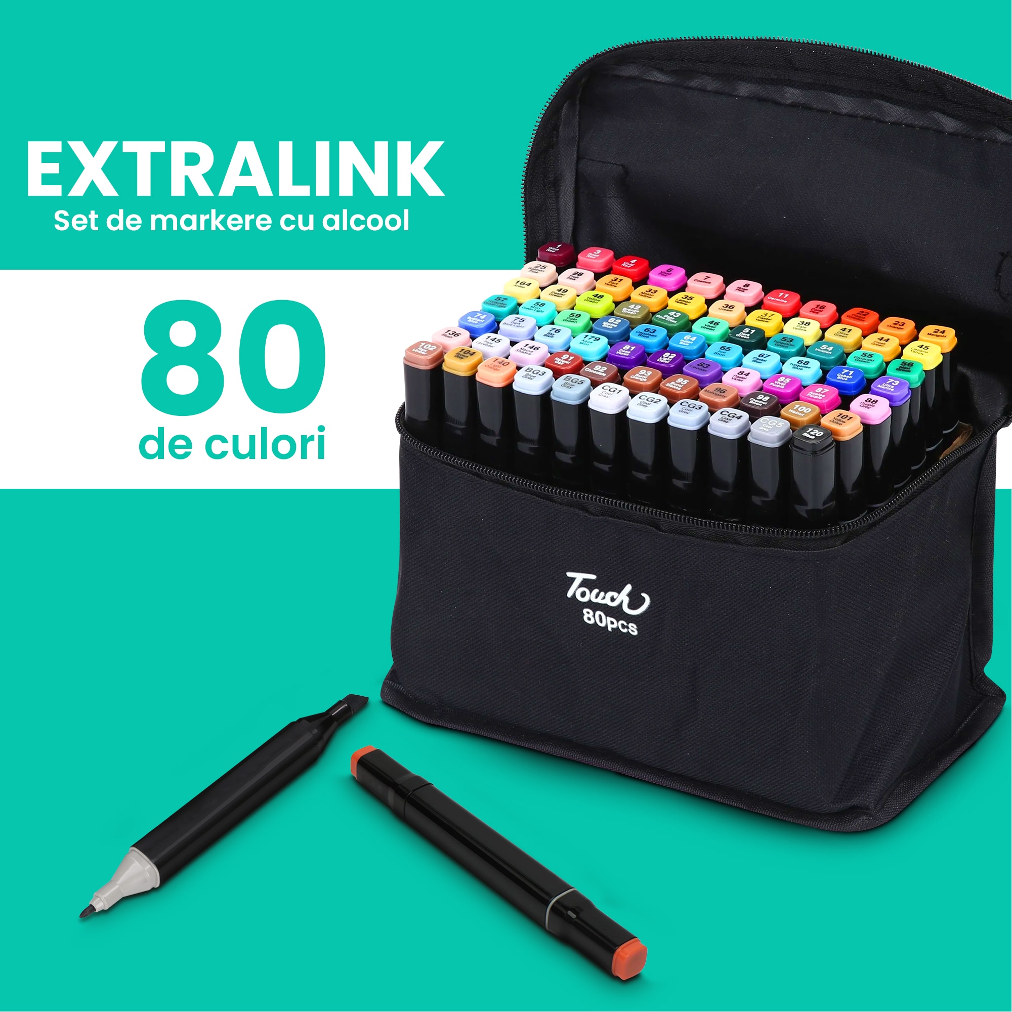 Set de 80 de markere multicolore Extralink cu cerneala pe baza de ...