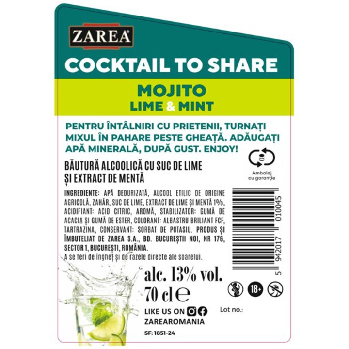 Zarea Cocktail, Mojito, cu suc de lime si extract de menta, 13%, 0.7l ...
