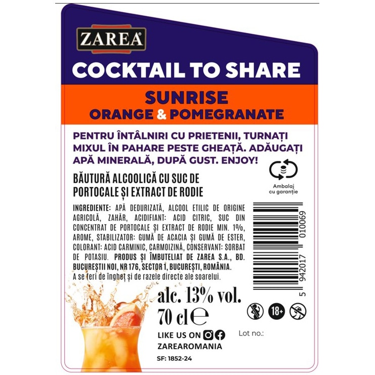 Zarea Cocktail, Sunrise, cu suc de portocale si extract de rodie, 13% ...