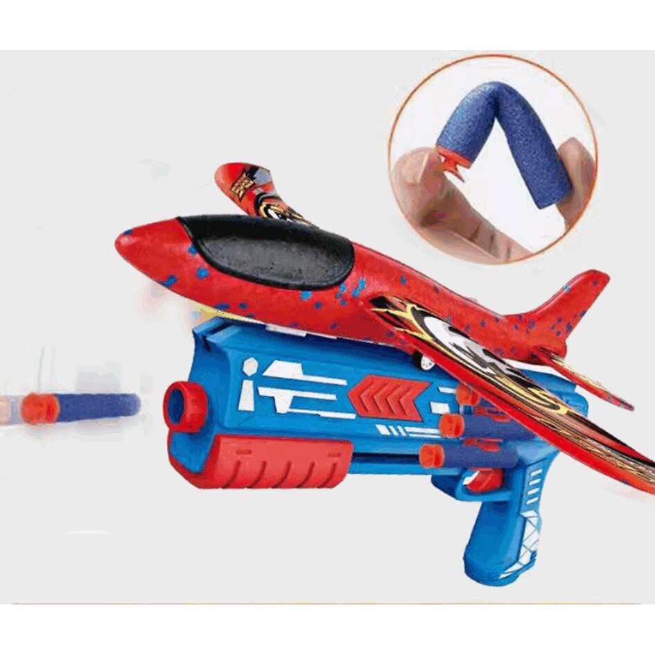 Set Lansator Avioane cu 2 Avioane, Pistol Albastru si 5 Gloante Moi ...