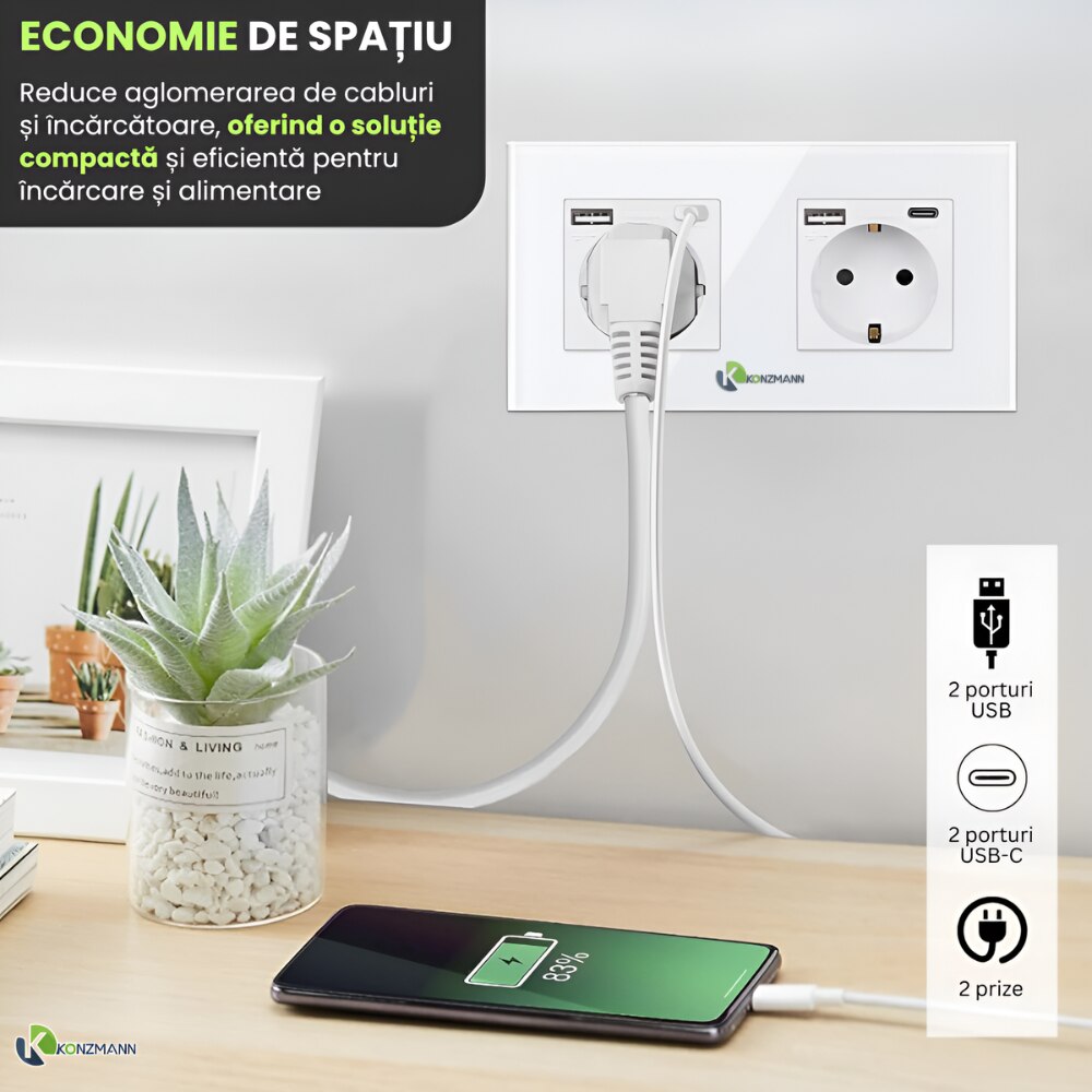 Priza Dubla cu USB X2 si USB-C X2 Konzmann, Doza Inclusa In Pachet ...