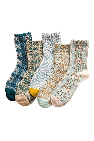 Sosete dama, set 5 perechi, model vintage cu flori, tematica fashion ...