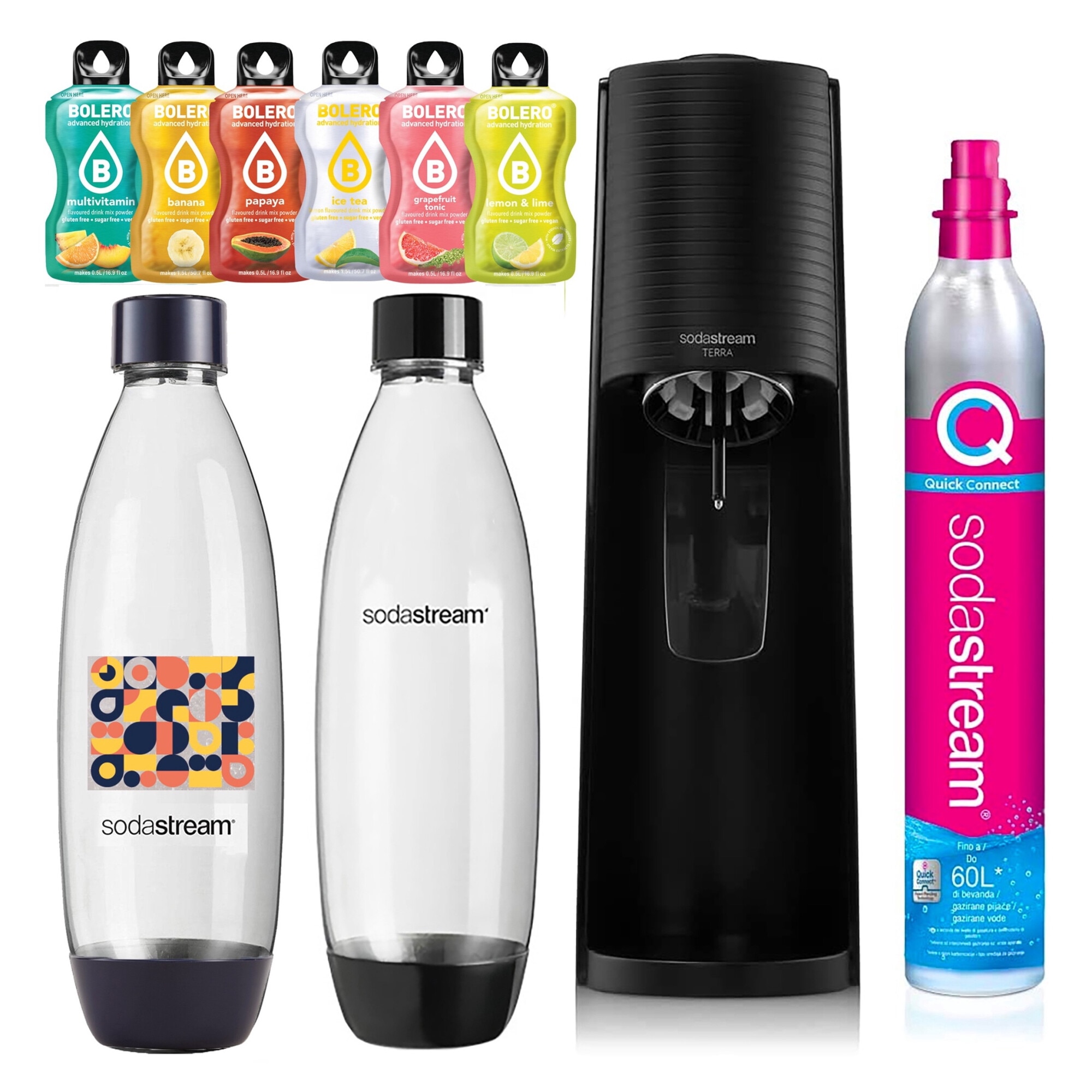Sodastream Terra, set cu 2 buteli Fuse, 6x Bolero, negru, 40x15x20cm - eMAG.ro