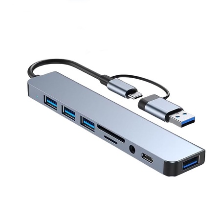 Hub 8-in-1, USB 3.0/USB-C, 4 porturi USB, Port audio, Slot SD/TF, 640 ...