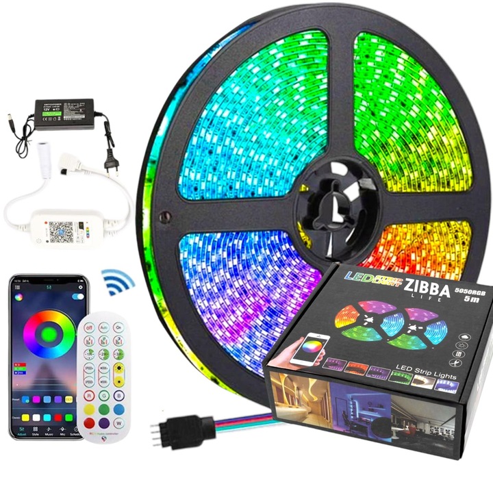 Banda LED RGB 5050 Zibba Life™, 5m, IP65, 60 LED-uri/metru, Control ...