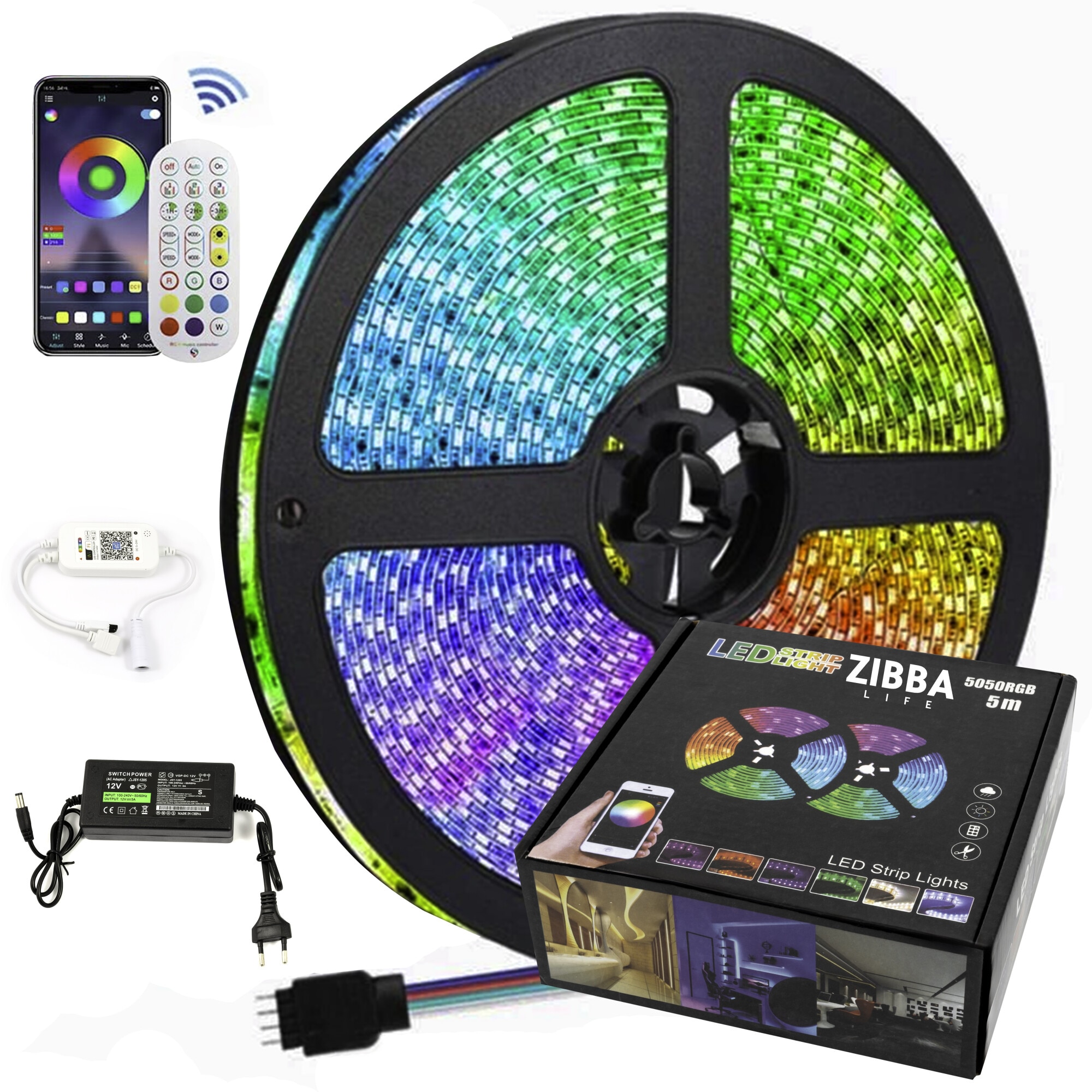 Banda LED RGB 5050 Zibba Life™, 5m, IP65, 60 LED-uri/metru, Control ...