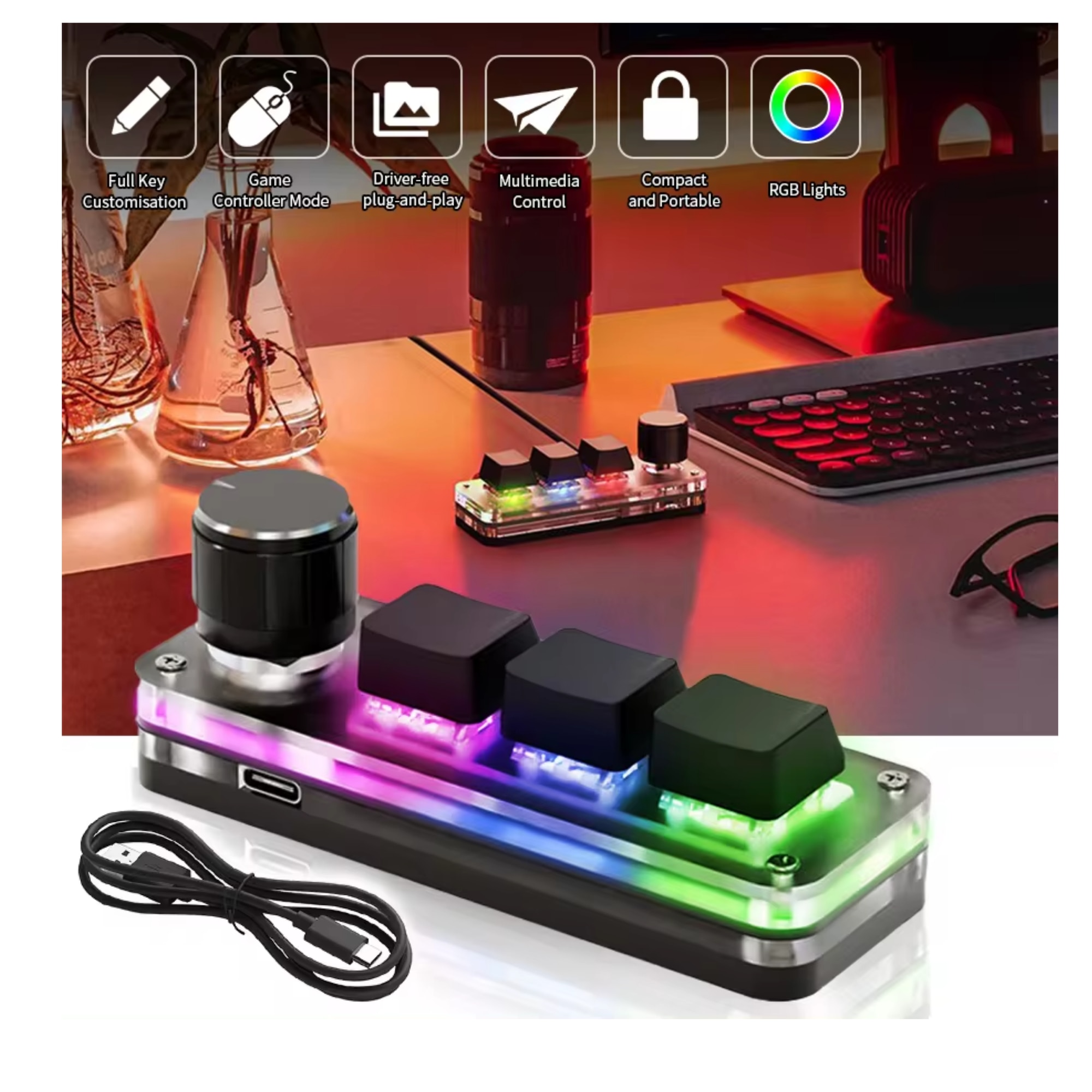 Micro Tastatura Mecanica Programabila, RGB, Knob, Comenzi rapide ...