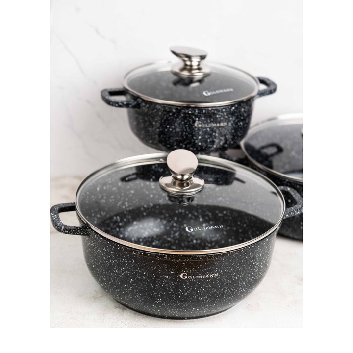 Set 3 cratite cu capace sticla, 20/24/28 cm, 2.3l/4.5l/6.5l, aluminiu ...