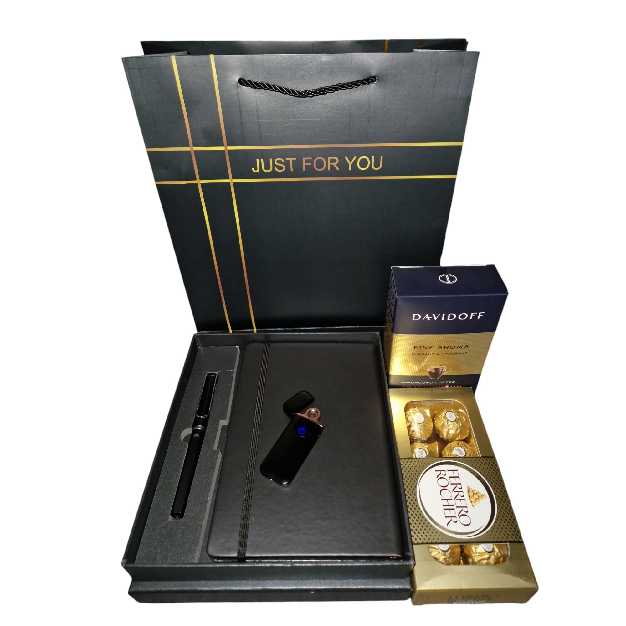 Pachet cadou Gentelman, cu Agenda, bricheta USB, Praline Ferrero Rocher ...