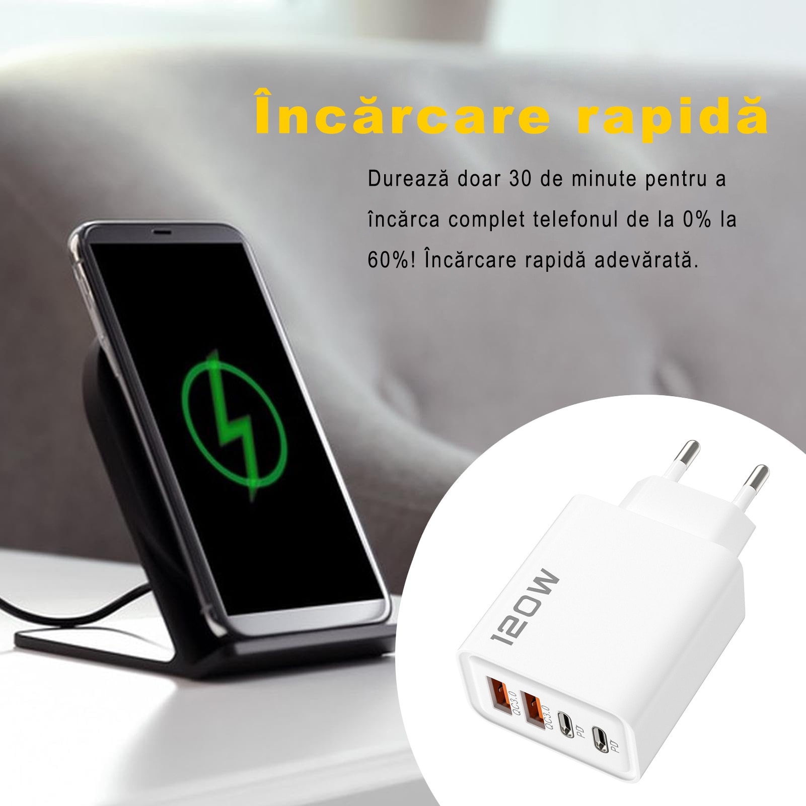 Incarcator pentru telefon mobil si tableta, adaptor PD dublu de ...