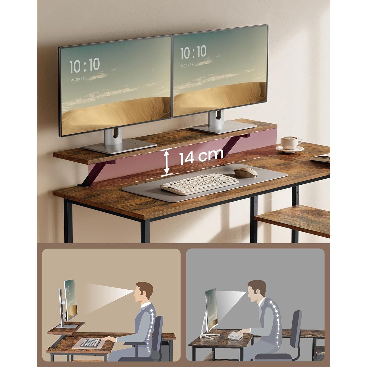 Birou in forma de L VASAGLE, suport monitor, 2 rafturi si 2 sertare ...