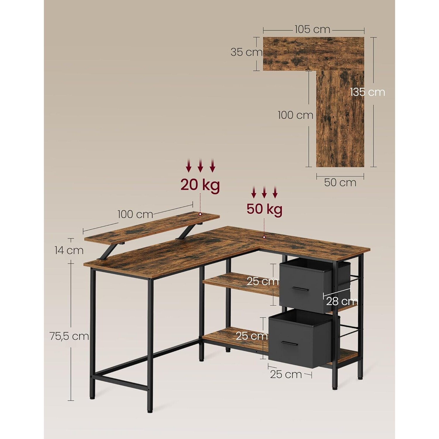 Birou in forma de L VASAGLE, suport monitor, 2 rafturi si 2 sertare ...