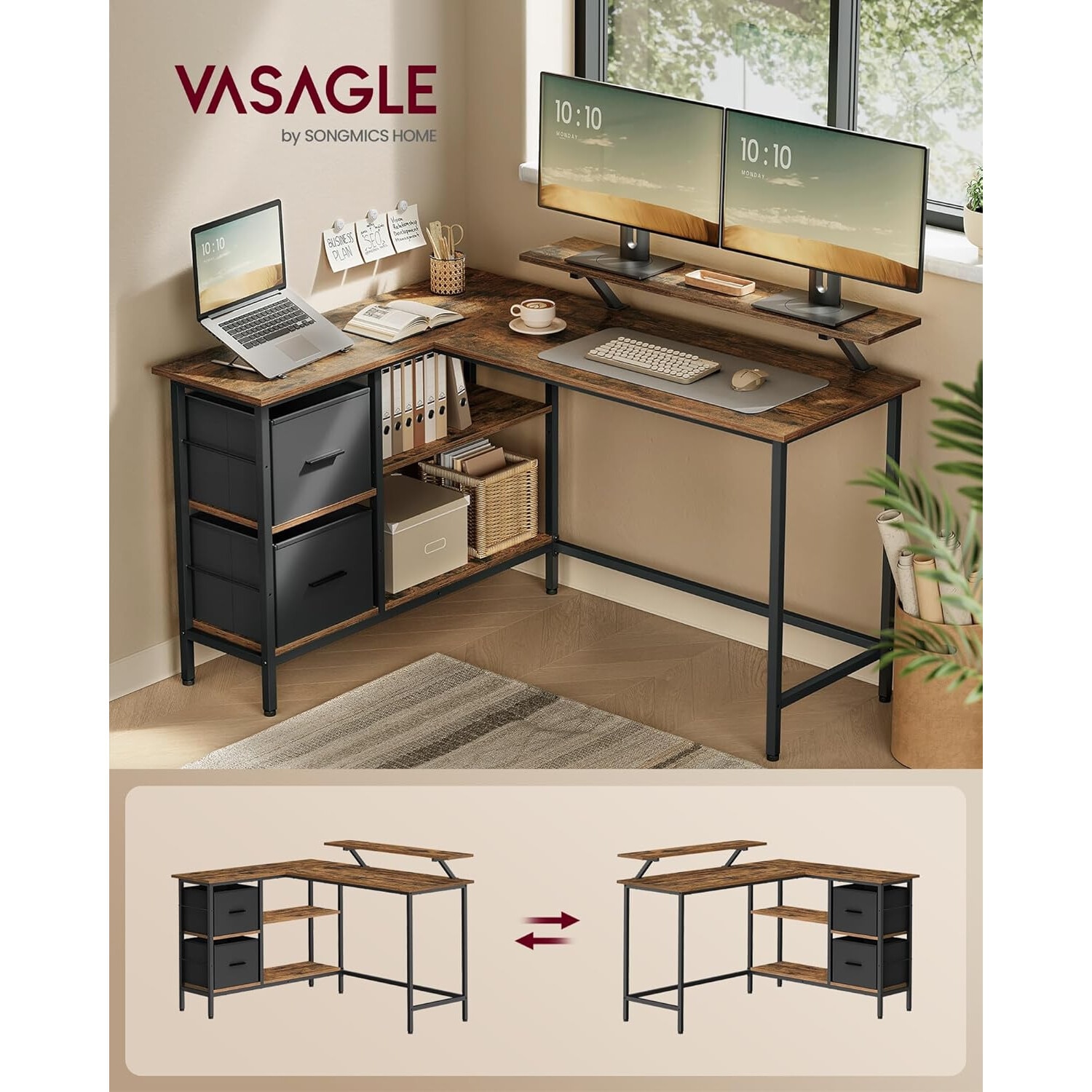 Birou in forma de L VASAGLE, suport monitor, 2 rafturi si 2 sertare ...