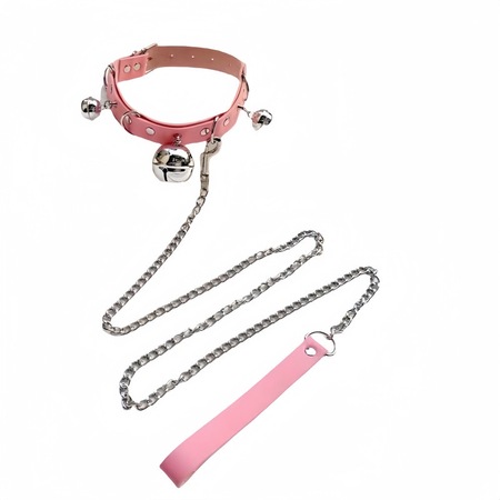 Set BDSM, zgarda roz cu clopotel si franghie de tractiune, 43x2.5cm, 1m ...