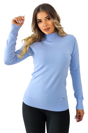 Bluza cu casmir si lana, Rona, guler inalt si accesoriu inima, Albastru ...