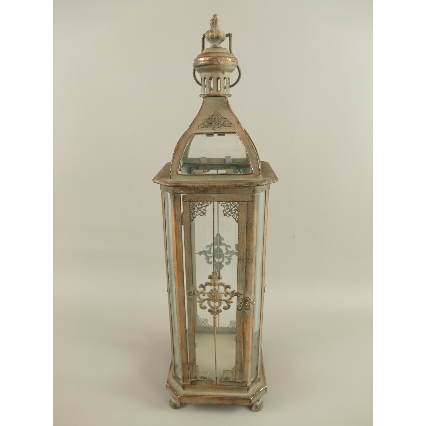 Set de 2 felinare decorative vintage, metal si sticla, H 82 / 62 cm ...