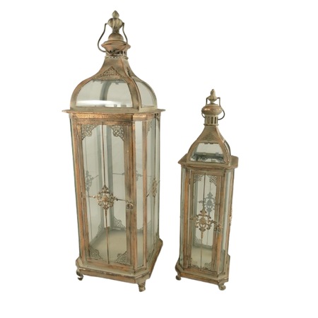 Set de 2 felinare decorative vintage, metal si sticla, H 82 / 62 cm ...