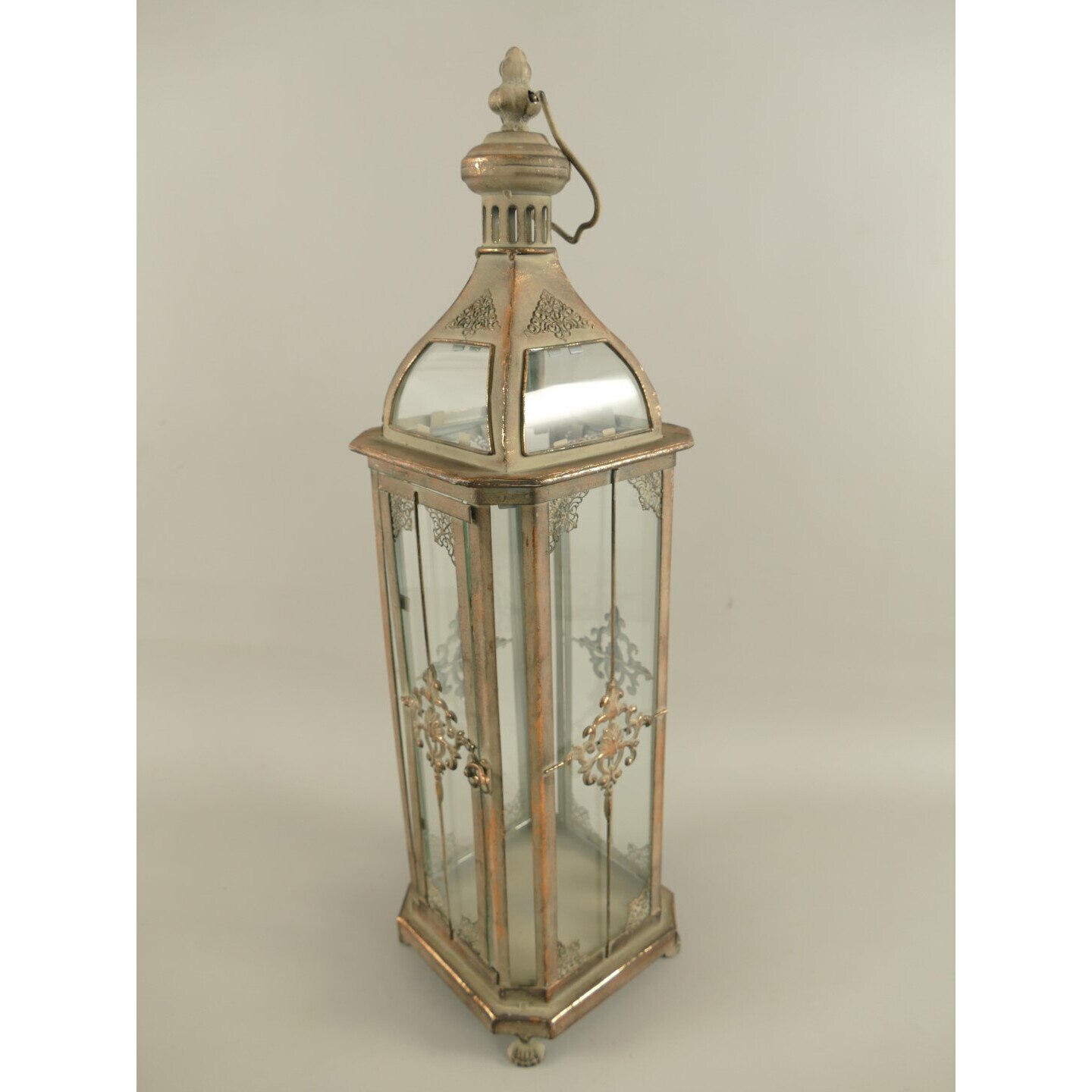 Set de 2 felinare decorative vintage, metal si sticla, H 82 / 62 cm ...