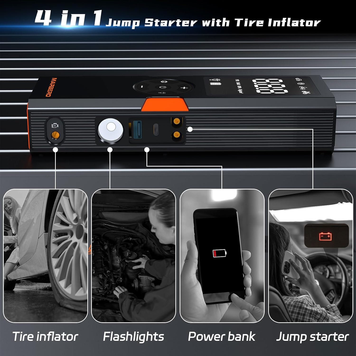 Starter Auto, Hesasa®, 4 in 1, 4500A, 12V, 12000mAh, Baterie Externa ...