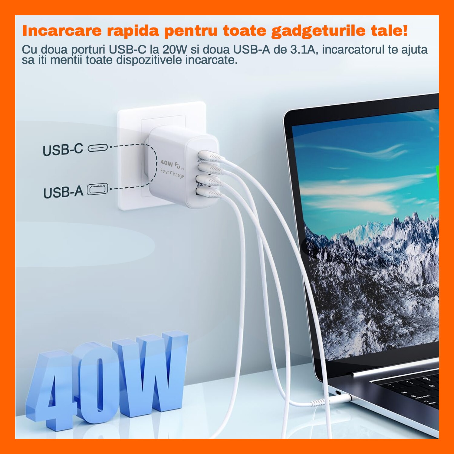 Incarcator Retea 40w Runex® 4 Porturi Adaptor Priza Quick Charge 2 X