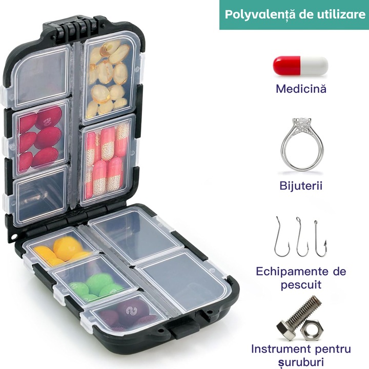 Cutie de depozitare pentru medicamente, cu 10 compartimente, portabila ...