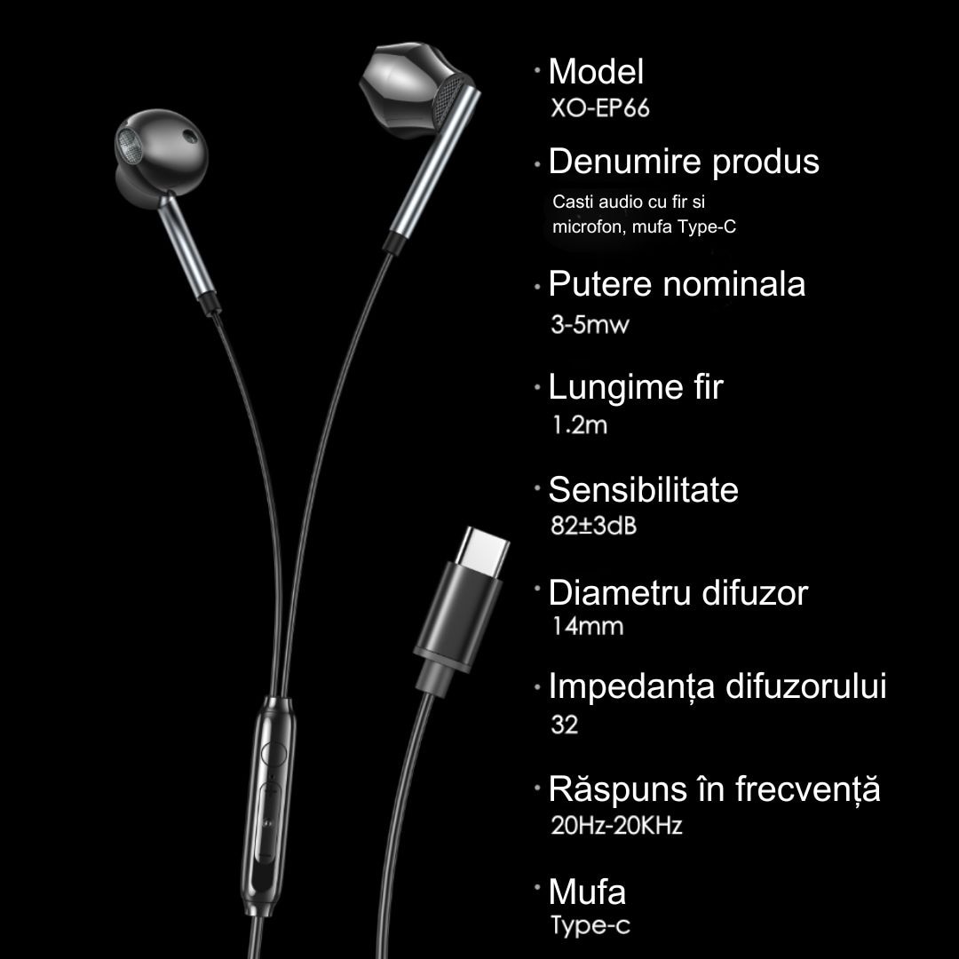 Casti Audio cu Fir si Microfon XO EP66, Negru, Mufa Type-C, Sunet de ...