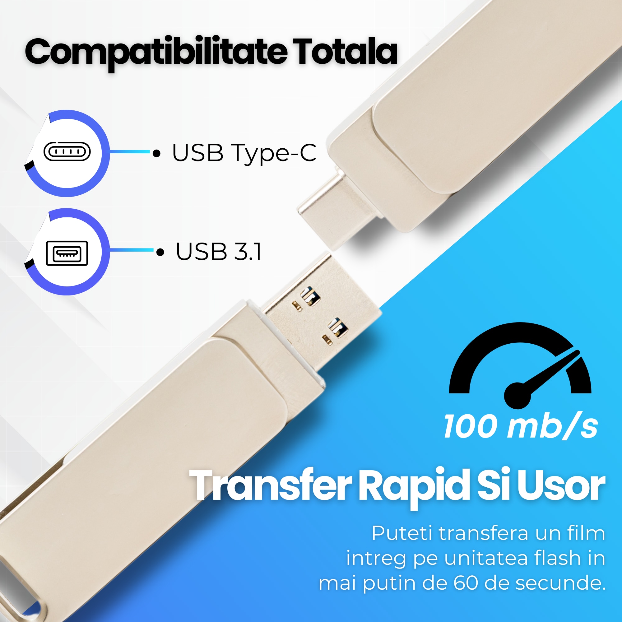 Memorie USB Dual Drive pentru Smartphone-uri, Tablete si Calculatoare, Capacitate 1 TB, USB 3.1 ...