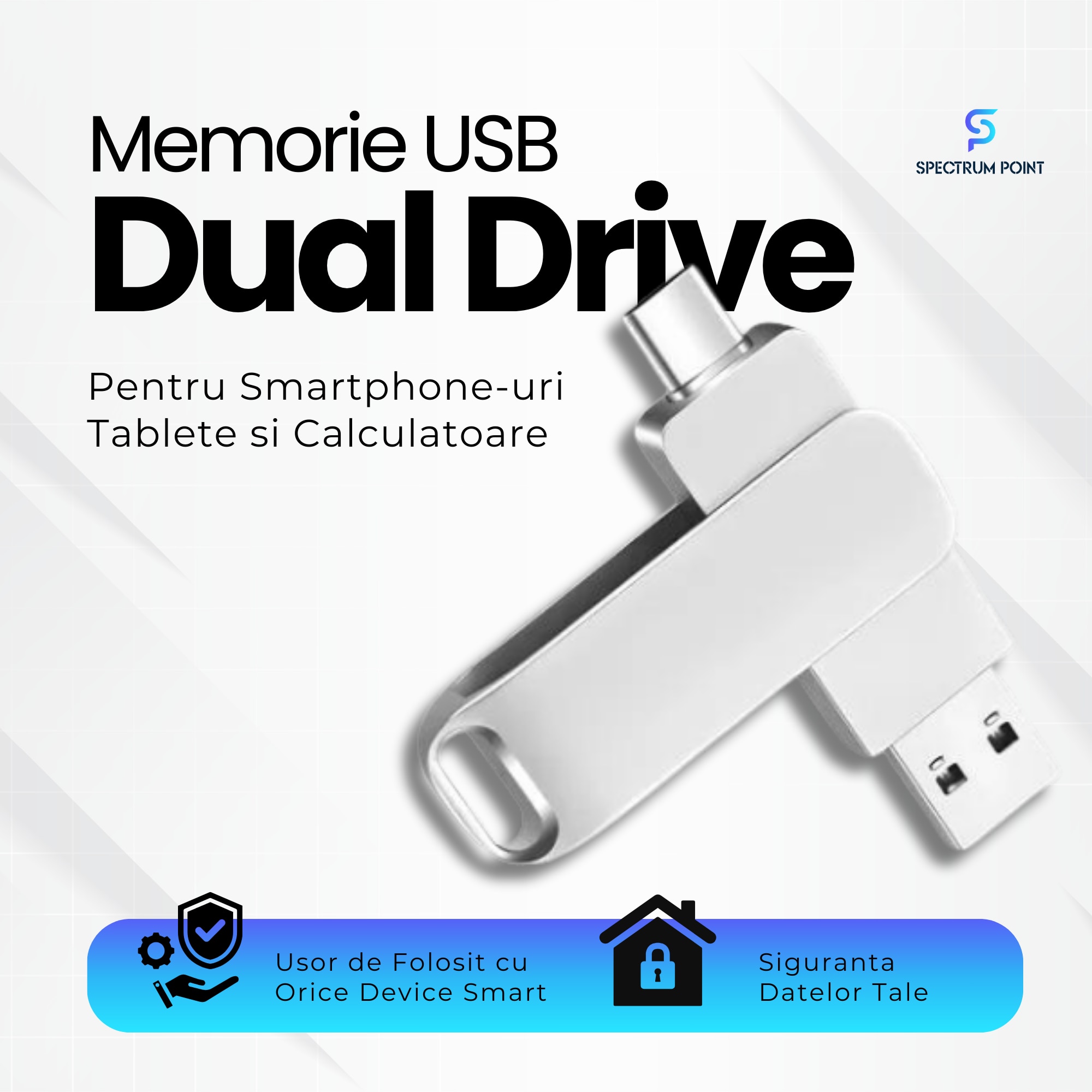 Memorie USB Dual Drive pentru Smartphone-uri, Tablete si Calculatoare, Capacitate 128 GB, USB 3. ...