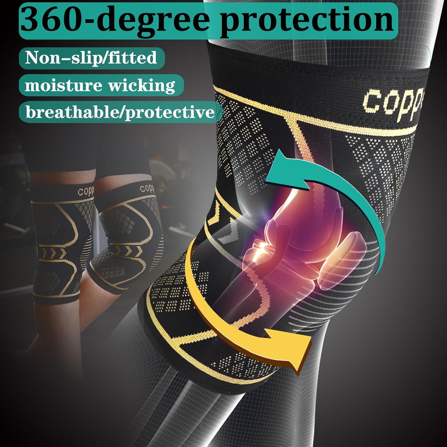 Set 2 Genunchiere compresive cu fir de cupru, marime M, Negru/Beige ...