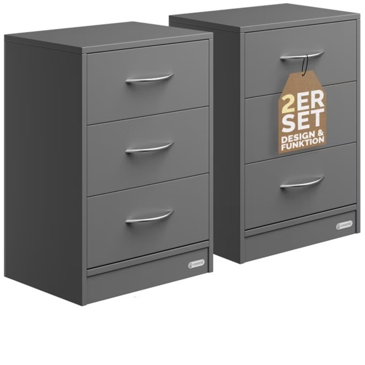 Set 2 noptiere Eloise, Casaria, 54x39x28cm, 3 Sertare, MDF, Antracit ...