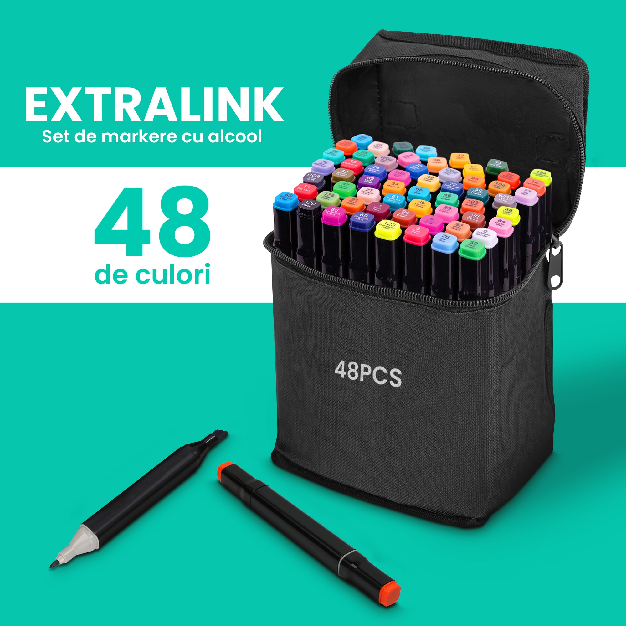 Set markere cu alcool Extralink, 48 piese, capat dublu, multicolor, 15 ...
