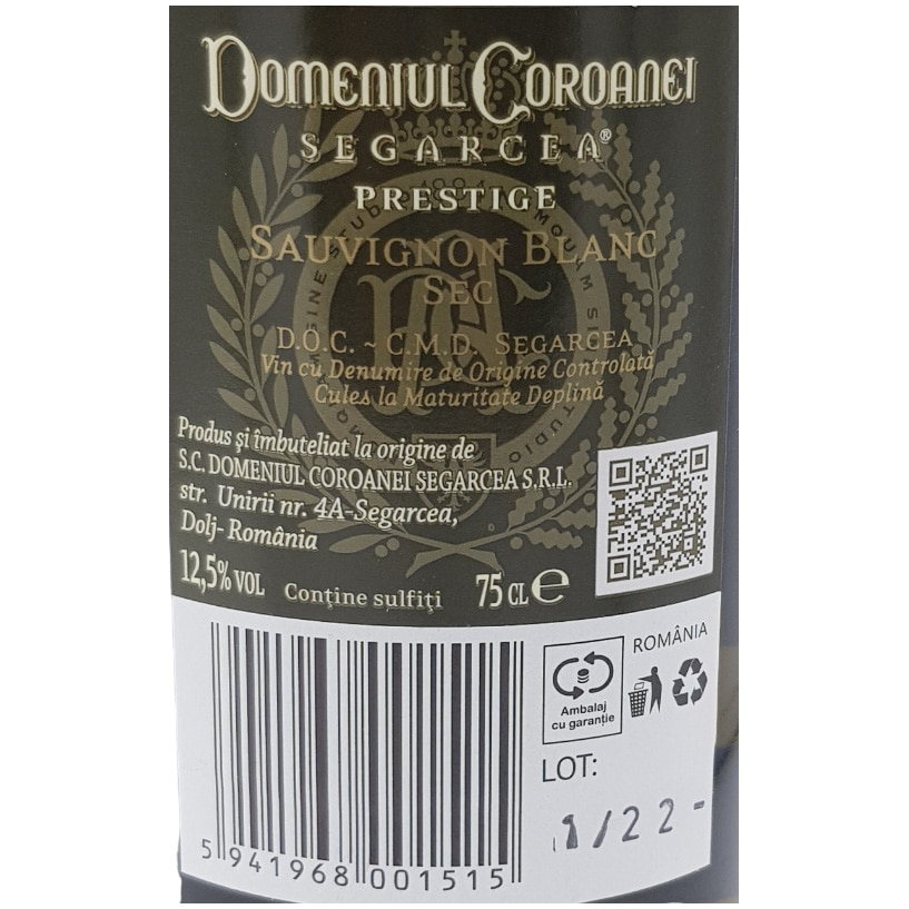 Vin Domeniul Coroanei Segarcea Prestige Sauvignon Blanc Sec D.O.C. 12.5 ...