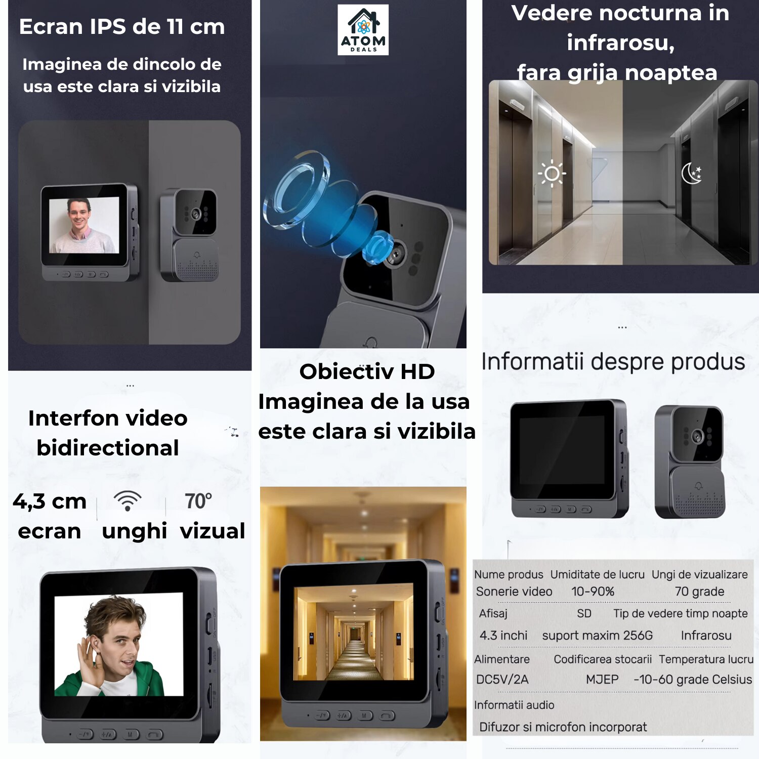 Sonerie video ATOM DEALS®️, interfon bidirectional, ecran IPS 4.3 ...