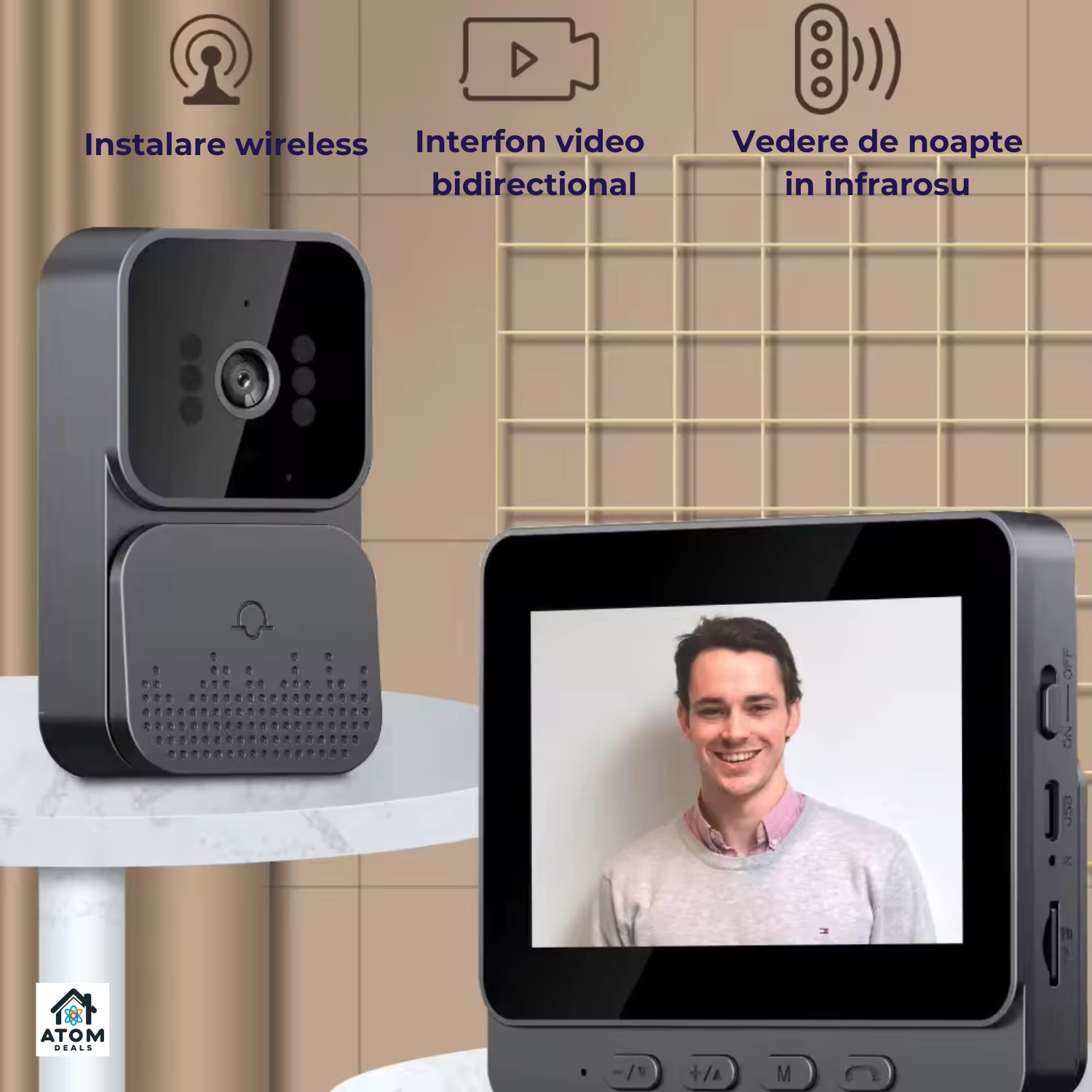 Sonerie video ATOM DEALS®️, interfon bidirectional, ecran IPS 4.3 ...