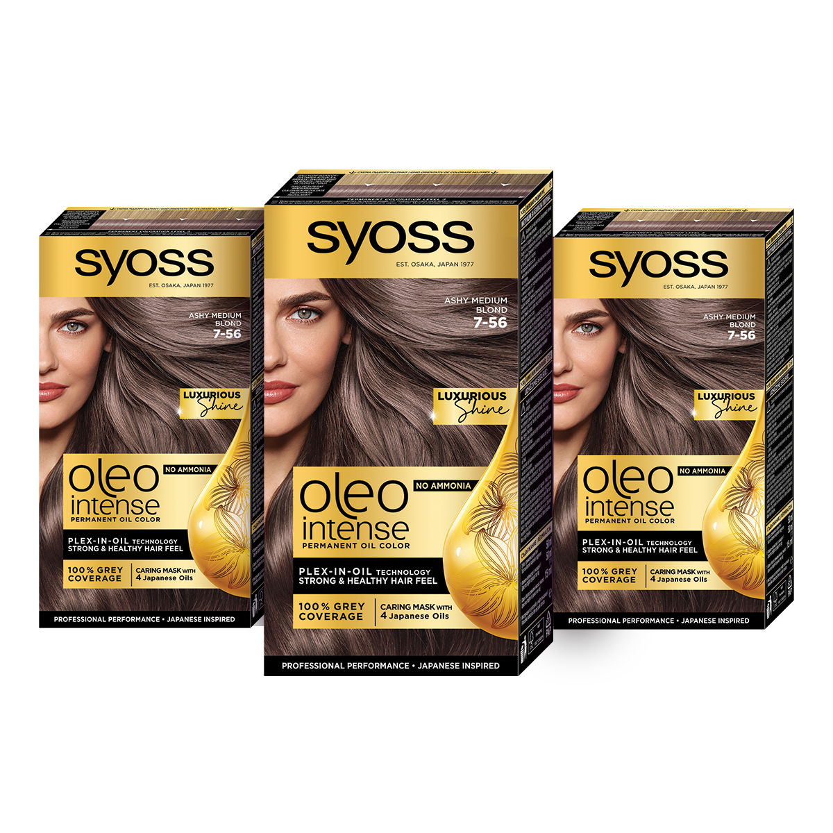 Pachet: 3 x Vopsea de par permanenta fara amoniac Syoss Color Oleo Intense, 7-56 Blond mediu ...