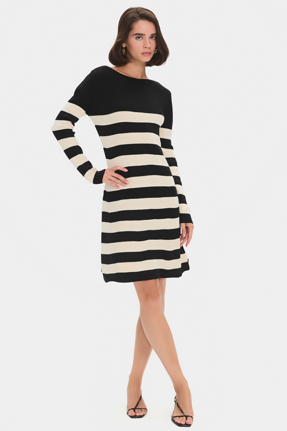 June, Rochie cu dungi si decolteu barcuta, Negru, Alb murdar, One Size ...