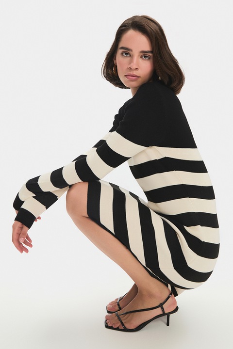 June, Rochie cu dungi si decolteu barcuta, Negru, Alb murdar, One Size ...