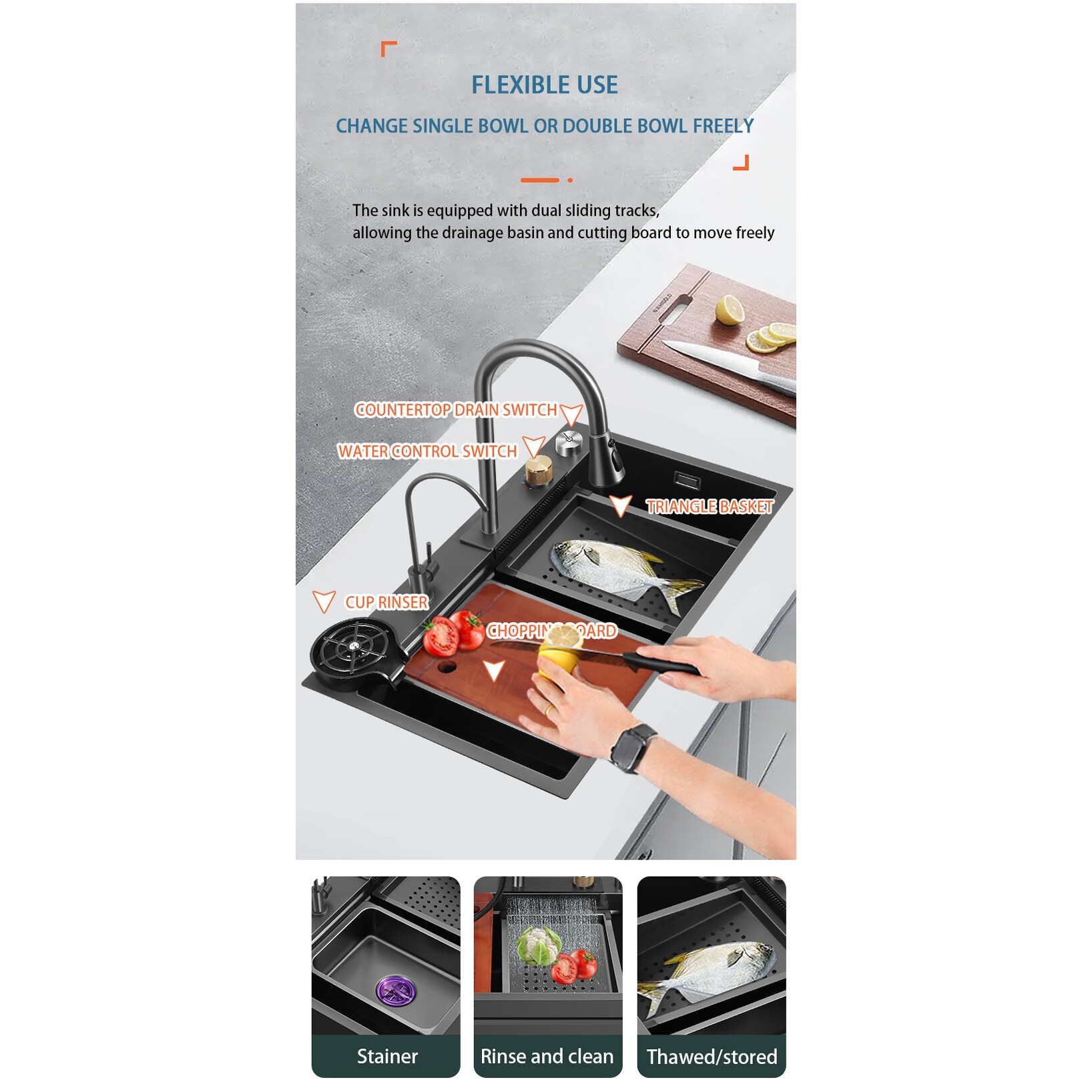 Chiuveta multifunctionala inox, TRENDY’S, gri 75×46 cm - eMAG.ro