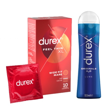 Pachet Durex Prezervative Feel Thin XL 10 bucati + Lubrifiant Originals 50 ml - eMAG.ro